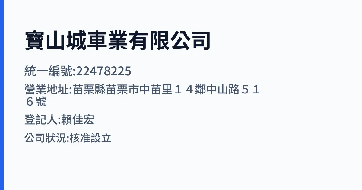寶山城車業有限公司 - 統編 22478225(苗栗縣) 公司登記資料與營業項目詳細圖表