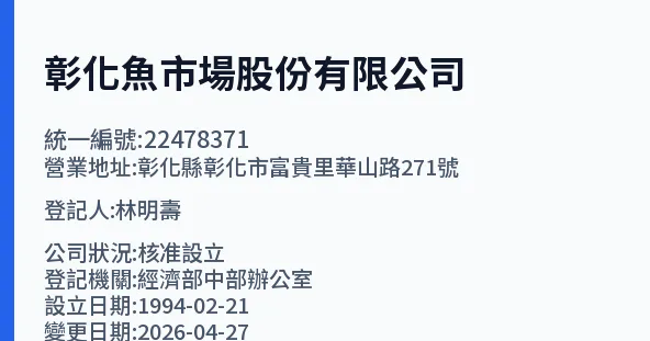 彰化魚市場股份有限公司的照片-統編 22478371(彰化縣) 公司登記資料與營業項目詳細圖表