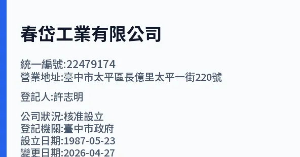 春岱工業有限公司的照片-統編 22479174(臺中市) 公司登記資料與營業項目詳細圖表