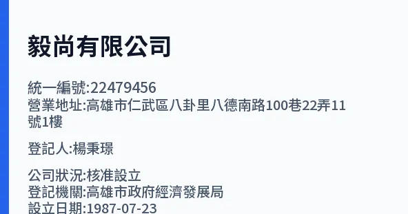 毅尚有限公司的照片-統編 22479456(高雄市) 公司登記資料與營業項目詳細圖表