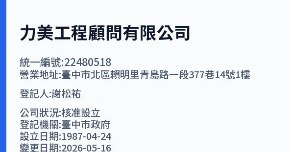 力美工程顧問有限公司的照片-統編 22480518(臺中市) 公司登記資料與營業項目詳細圖表