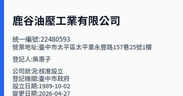鹿谷油壓工業有限公司的照片-統編 22480593(臺中市) 公司登記資料與營業項目詳細圖表