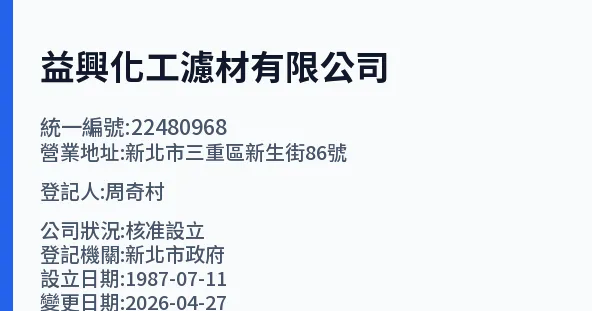 益興化工濾材有限公司的照片-統編 22480968(新北市) 公司登記資料與營業項目詳細圖表