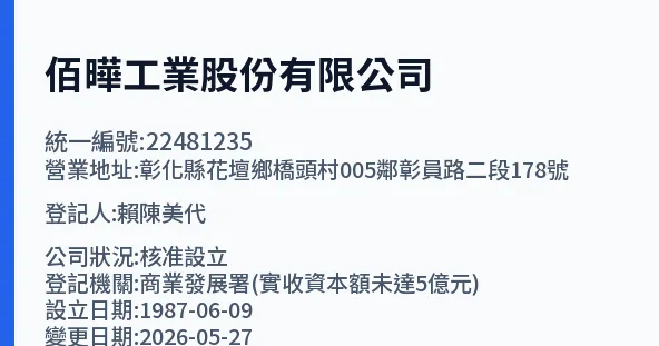 佰曄工業股份有限公司的照片-統編 22481235(彰化縣) 公司登記資料與營業項目詳細圖表