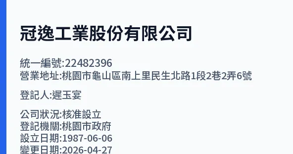 冠逸工業股份有限公司的照片-統編 22482396(桃園市) 公司登記資料與營業項目詳細圖表