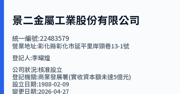 景二金屬工業股份有限公司的照片-統編 22483579(彰化縣) 公司登記資料與營業項目詳細圖表