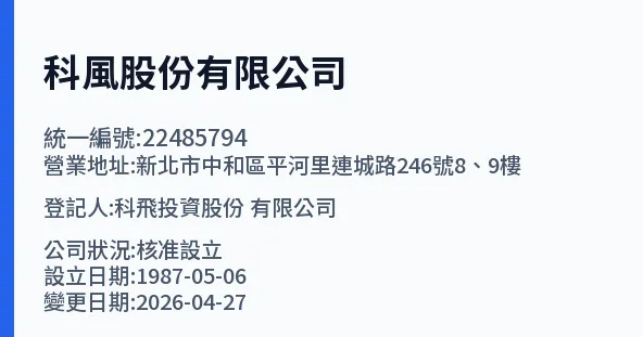 科風股份有限公司的照片-統編 22485794(新北市) 公司登記資料與營業項目詳細圖表