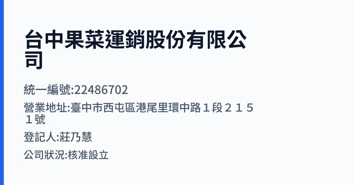 台中果菜運銷股份有限公司 - 統編 22486702(臺中市) 公司登記資料與營業項目詳細圖表