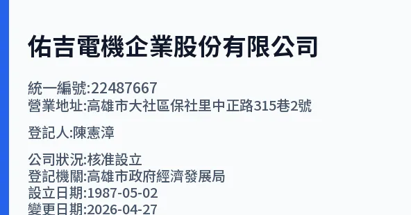 佑吉電機企業股份有限公司的照片-統編 22487667(高雄市) 公司登記資料與營業項目詳細圖表