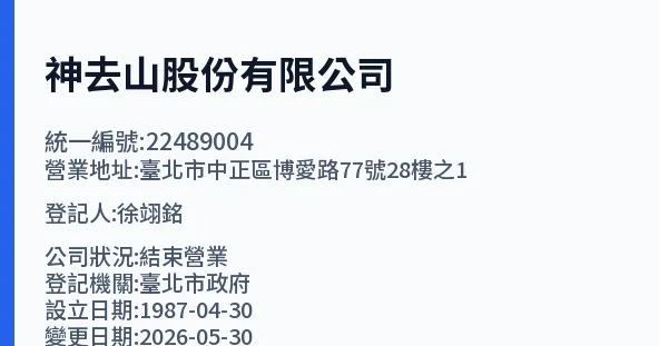 神去山股份有限公司的照片-統編 22489004(臺北市) 公司登記資料與營業項目詳細圖表