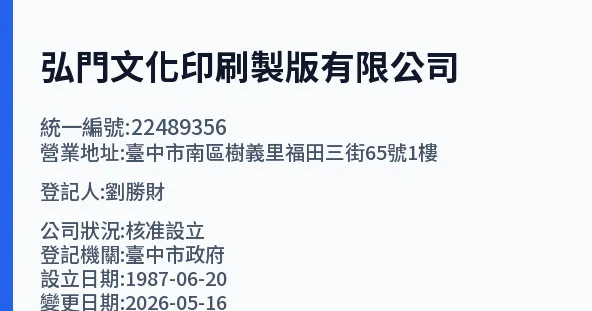 弘門文化印刷製版有限公司的照片-統編 22489356(臺中市) 公司登記資料與營業項目詳細圖表