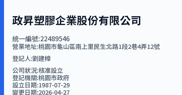 政昇塑膠企業股份有限公司的照片-統編 22489546(桃園市) 公司登記資料與營業項目詳細圖表