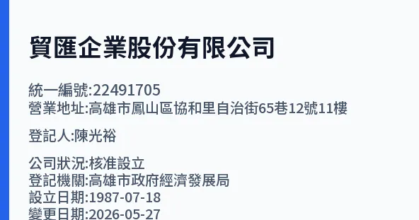 貿匯企業股份有限公司的照片-統編 22491705(高雄市) 公司登記資料與營業項目詳細圖表