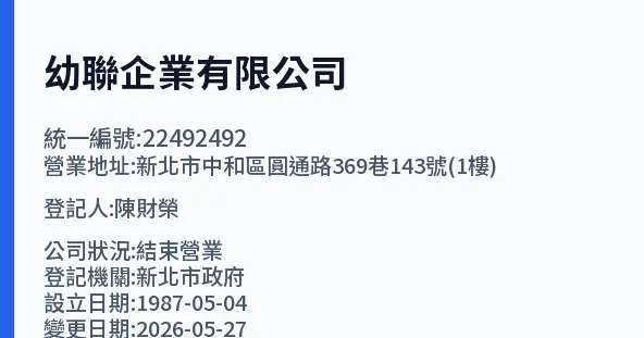 幼聯企業有限公司的照片-統編 22492492(新北市) 公司登記資料與營業項目詳細圖表