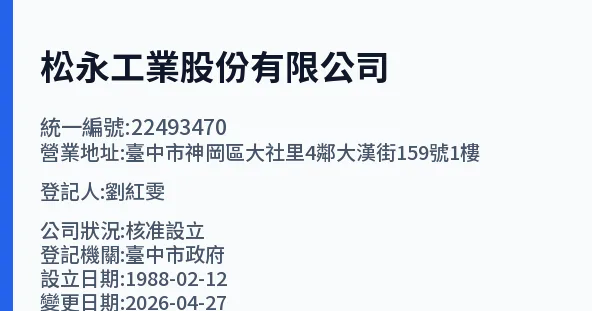 松永工業股份有限公司的照片-統編 22493470(臺中市) 公司登記資料與營業項目詳細圖表