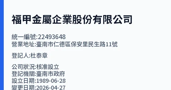 福甲金屬企業股份有限公司的照片-統編 22493648(臺南市) 公司登記資料與營業項目詳細圖表