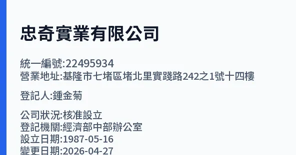忠奇實業有限公司的照片-統編 22495934(基隆市) 公司登記資料與營業項目詳細圖表