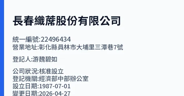 長春織蓆股份有限公司的照片-統編 22496434(彰化縣) 公司登記資料與營業項目詳細圖表
