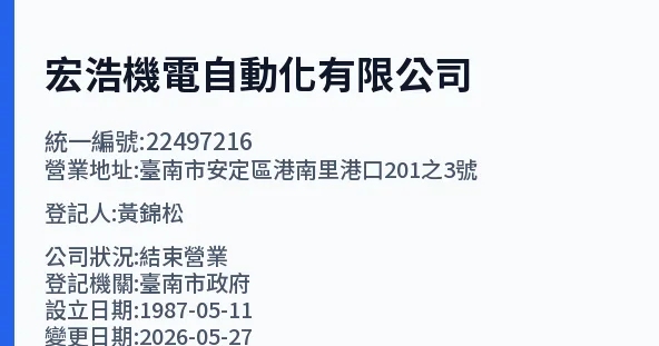 宏浩機電自動化有限公司的照片-統編 22497216(臺南市) 公司登記資料與營業項目詳細圖表