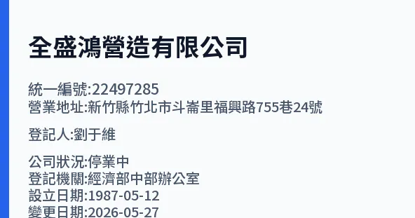 全盛鴻營造有限公司的照片-統編 22497285(新竹縣) 公司登記資料與營業項目詳細圖表