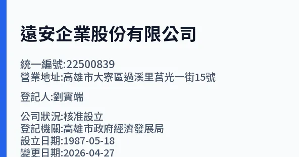 遠安企業股份有限公司的照片-統編 22500839(高雄市) 公司登記資料與營業項目詳細圖表