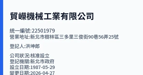 貿嶸機械工業有限公司的照片-統編 22501979(新北市) 公司登記資料與營業項目詳細圖表