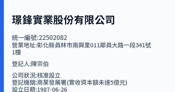 璟鋒實業股份有限公司的照片-統編 22502082(彰化縣) 公司登記資料與營業項目詳細圖表
