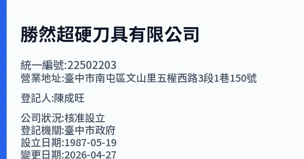 勝然超硬刀具有限公司的照片-統編 22502203(臺中市) 公司登記資料與營業項目詳細圖表