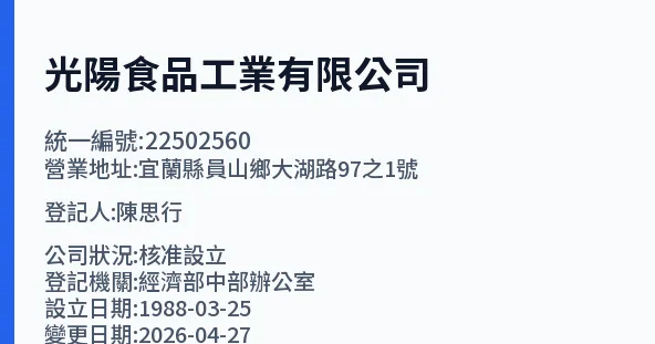 光陽食品工業有限公司的照片-統編 22502560(宜蘭縣) 公司登記資料與營業項目詳細圖表