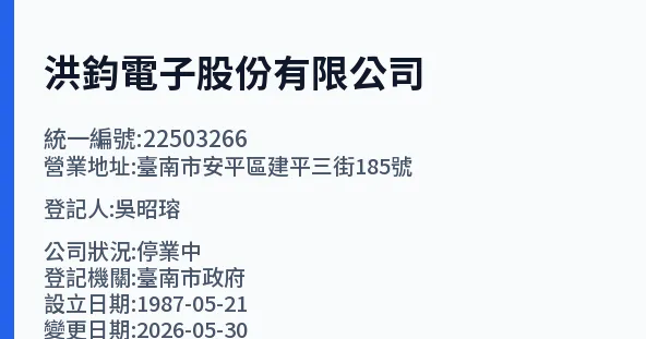 洪鈞電子股份有限公司的照片-統編 22503266(臺南市) 公司登記資料與營業項目詳細圖表
