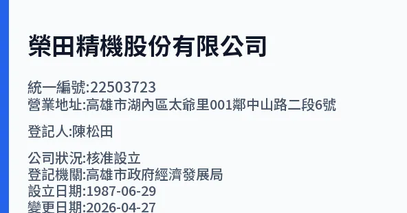 榮田精機股份有限公司的照片-統編 22503723(高雄市) 公司登記資料與營業項目詳細圖表