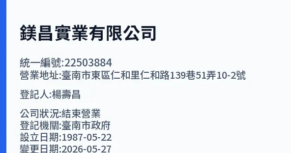 鎂昌實業有限公司的照片-統編 22503884(臺南市) 公司登記資料與營業項目詳細圖表