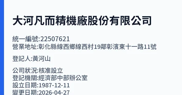 大河凡而精機廠股份有限公司的照片-統編 22507621(彰化縣) 公司登記資料與營業項目詳細圖表