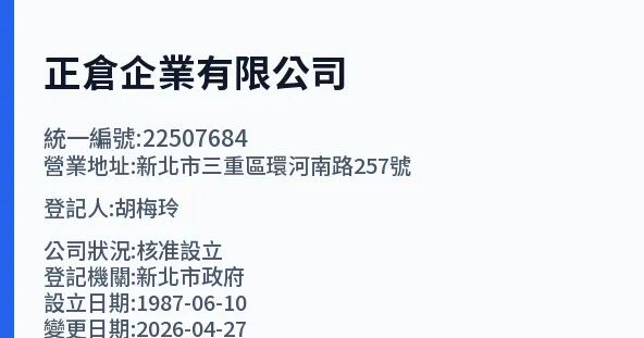 正倉企業有限公司的照片-統編 22507684(新北市) 公司登記資料與營業項目詳細圖表