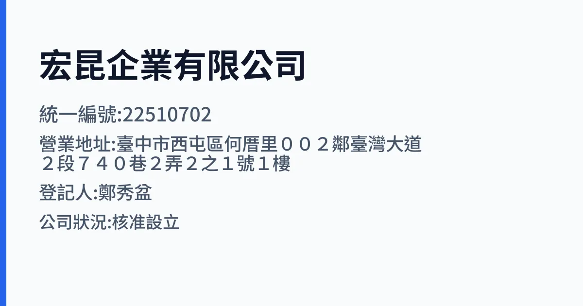 宏昆企業有限公司 - 統編 22510702(臺中市) 公司登記資料與營業項目詳細圖表