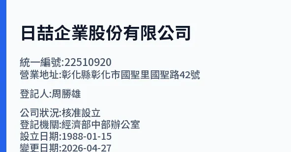 日喆企業股份有限公司的照片-統編 22510920(彰化縣) 公司登記資料與營業項目詳細圖表