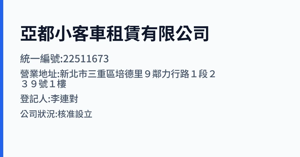 亞都小客車租賃有限公司 - 統編 22511673(新北市) 公司登記資料與營業項目詳細圖表