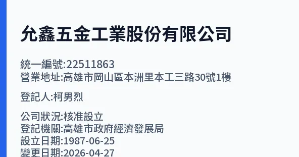 允鑫五金工業股份有限公司的照片-統編 22511863(高雄市) 公司登記資料與營業項目詳細圖表
