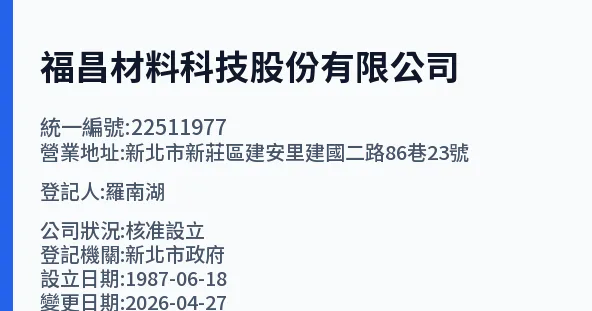 福昌材料科技股份有限公司的照片-統編 22511977(新北市) 公司登記資料與營業項目詳細圖表