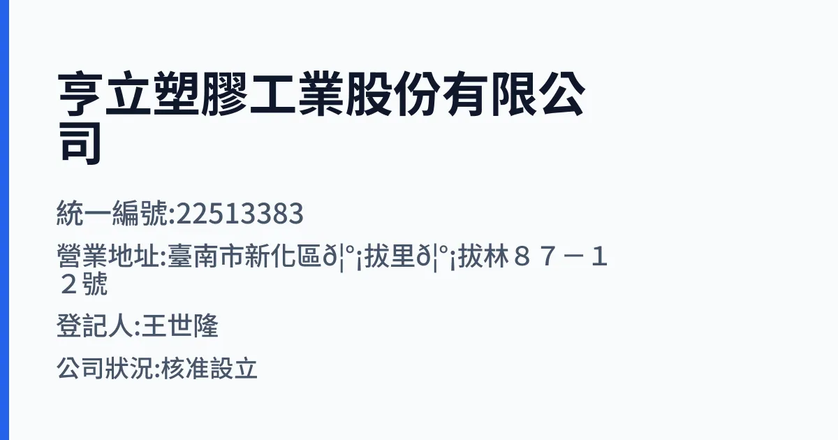 亨立塑膠工業股份有限公司 - 統編 22513383(臺南市) 公司登記資料與營業項目詳細圖表