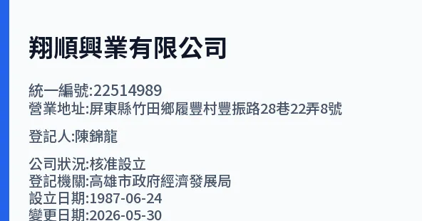 翔順興業有限公司的照片-統編 22514989(屏東縣) 公司登記資料與營業項目詳細圖表