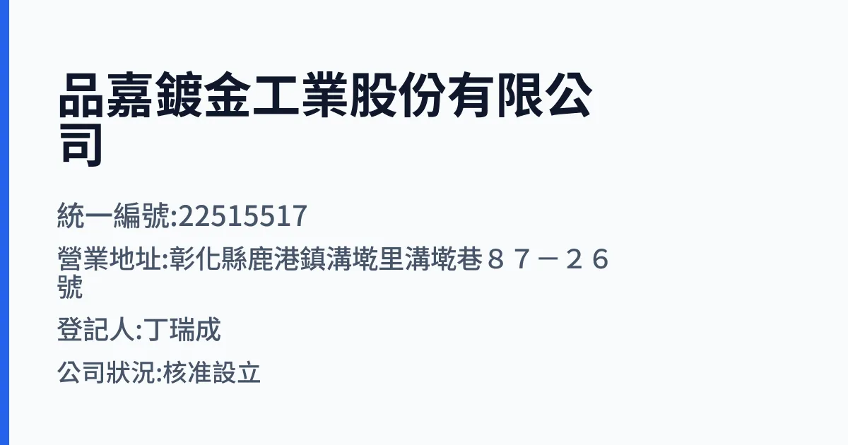 品嘉鍍金工業股份有限公司 - 統編 22515517(彰化縣) 公司登記資料與營業項目詳細圖表