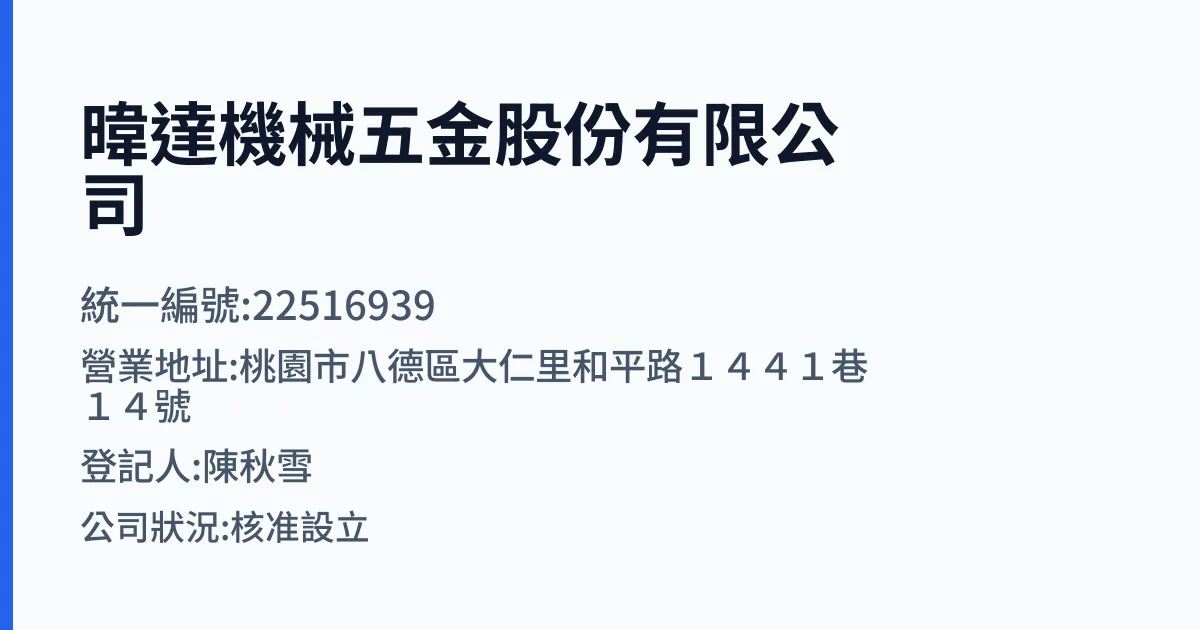 暐達機械五金股份有限公司 - 統編 22516939(桃園市) 公司登記資料與營業項目詳細圖表