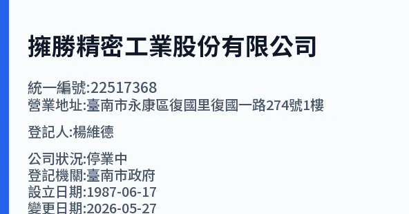 擁勝精密工業股份有限公司的照片-統編 22517368(臺南市) 公司登記資料與營業項目詳細圖表