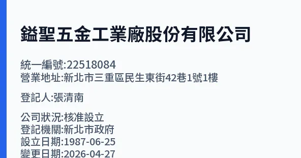 鎰聖五金工業廠股份有限公司的照片-統編 22518084(新北市) 公司登記資料與營業項目詳細圖表