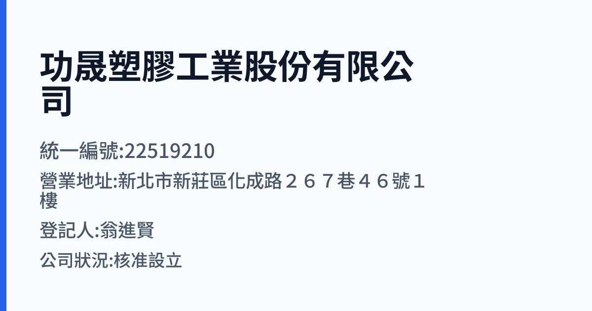 功晟塑膠工業股份有限公司 - 統編 22519210(新北市) 公司登記資料與營業項目詳細圖表