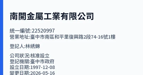 南開金屬工業有限公司的照片-統編 22520997(臺中市) 公司登記資料與營業項目詳細圖表