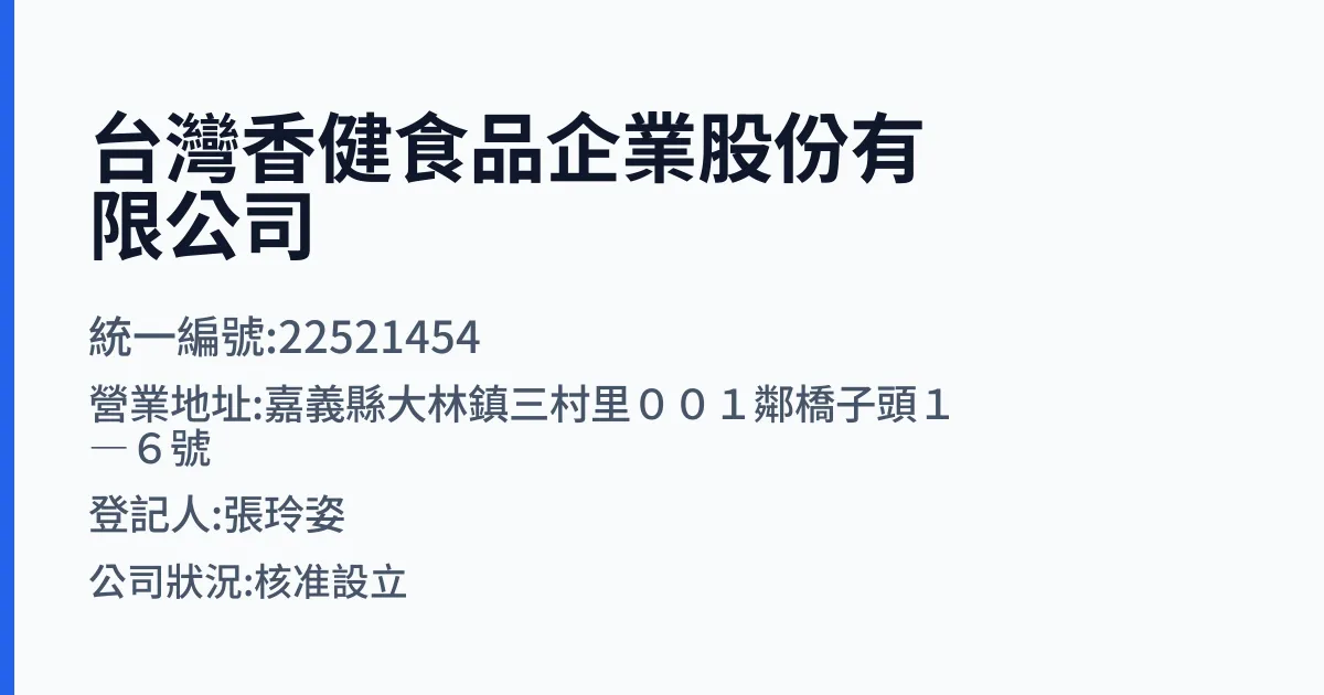 台灣香健食品企業股份有限公司 - 統編 22521454(嘉義縣) 公司登記資料與營業項目詳細圖表