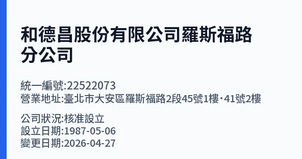 和德昌股份有限公司羅斯福路分公司的照片-統編 22522073(臺北市) 公司登記資料與營業項目詳細圖表