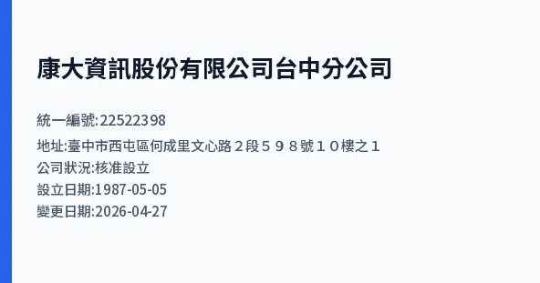 康大資訊股份有限公司台中分公司的照片-統編 22522398(臺中市) 公司登記資料與營業項目詳細圖表